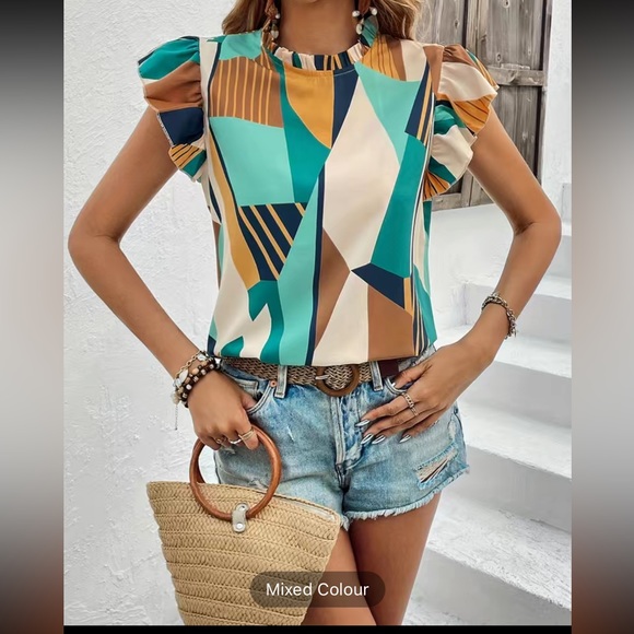 Tops | Geometric Print Trim Blouse Crew Neck Loose Fly Sleeve Shirts ...